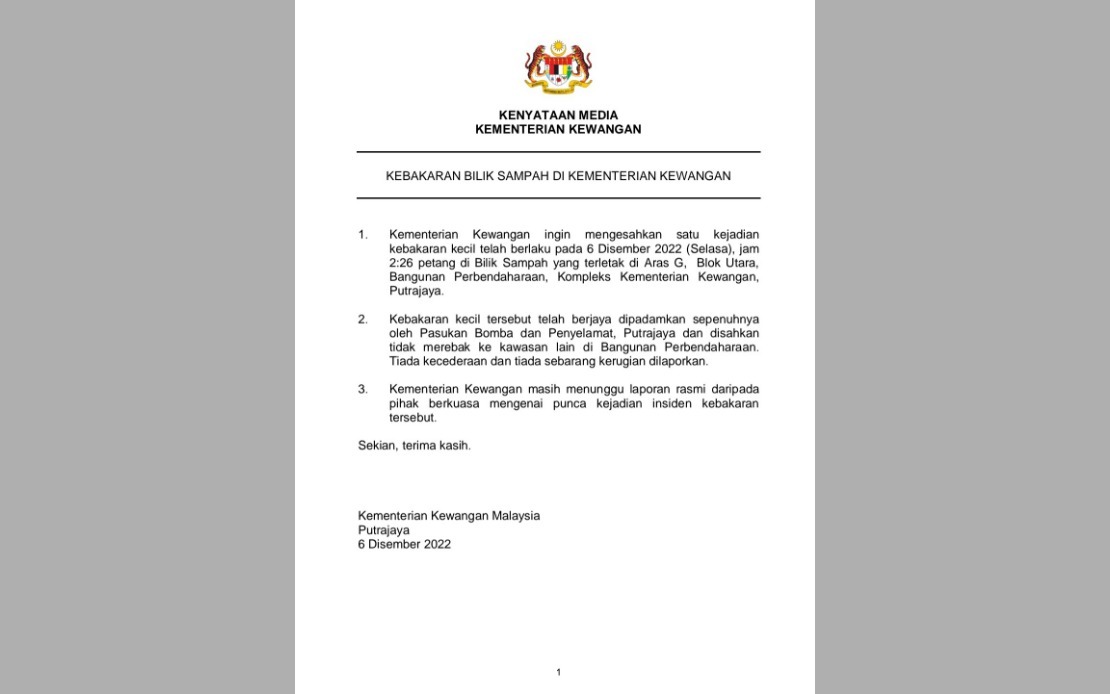 MOF Sahkan Kebakaran di Bilik Sampah, Tunggu Laporan Rasmi Punca ...